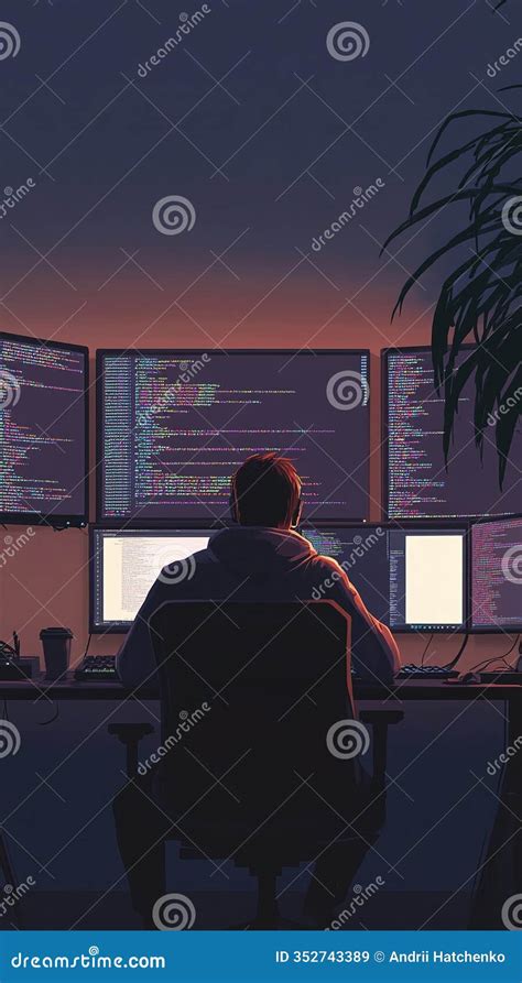 A Programmer Working On Code In A Dark Room Illuminated By Multiple Screens Stock Illustration