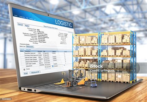 물류 개념입니다 노트북 키보드에 골 판지 상자와 지게차 3 차원 일러스트 레이 션 3차원 형태에 대한 스톡 사진 및 기타 이미지