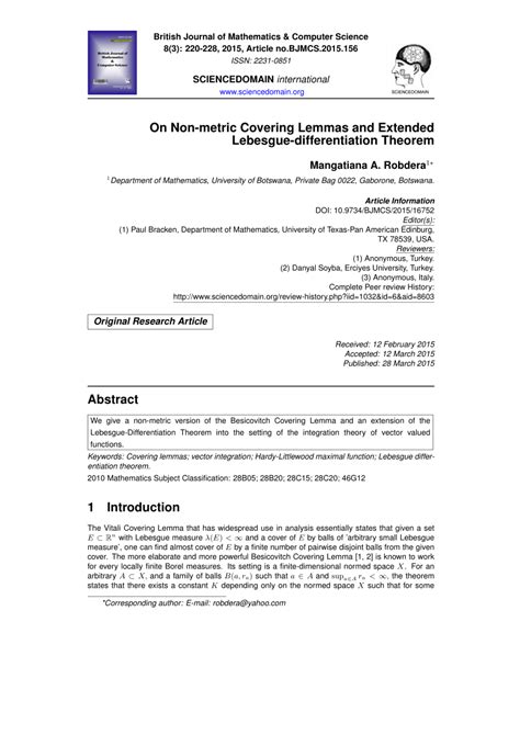 Pdf On Non Metric Covering Lemmas And Extended Lebesgue