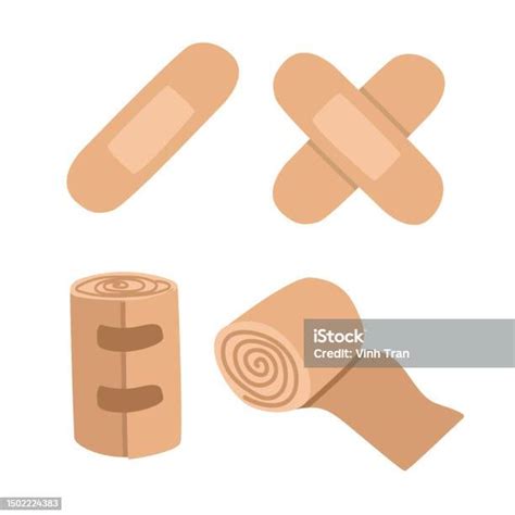 의료 고집 석고 클립 아트 만화 스타일입니다 물집 패치를 위해 석고를 붙이는 응급 처치 요소 플랫 벡터 일러스트레이션 손으로 그린 낙서 베이지 색 접착 붕대 병원 의료 개념