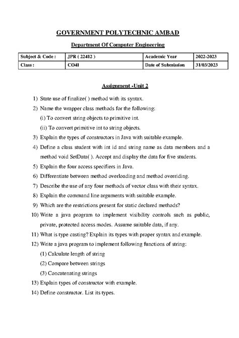 Unit Ii Java Unit 2 Notes Government Polytechnic Ambad Department