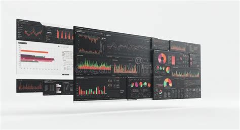 A Cluster Of Digital Screens Displays Various Data Visualizations And Analytics Stock