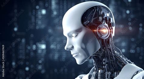 Artificial Intelligence Futuristic Robot Head With Blur Technology Background Stock Illustration