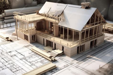 Premium AI Image | House architecture model on top of blueprints generative ai