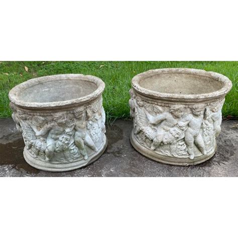 Vintage Large Concrete Neoclassical Planters With Dancing Putti All