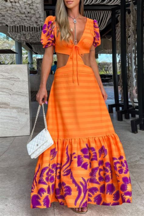 Wholesale Casual Floral Print Deep V Neck Puff Sleeve Hollow Out Ruffle