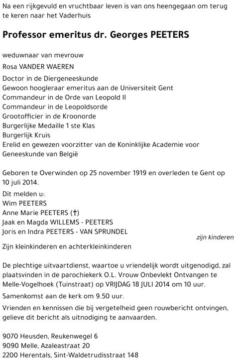Avis De Décès De Georges Peeters Décédé Le 10072014 à Gent Annonce Condoléances Fleurs