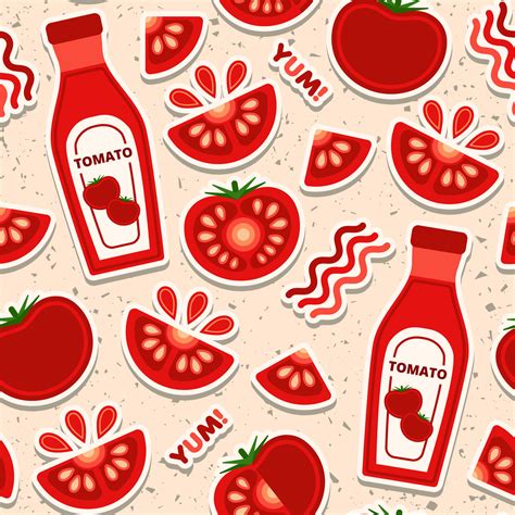 Tomato Seamless Pattern With Design Elements In Simple Geometric Style Ketchup Bottle Tomato