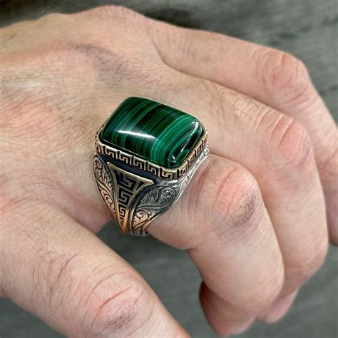 Natural Malachite Gemstone Ring Silver Men Malachite Ring Turkısh