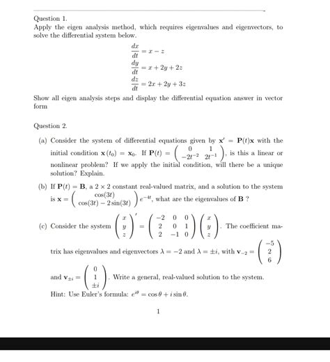 Question 1 Apply The Eigen Analysis Method Which Requires Eigenvalues