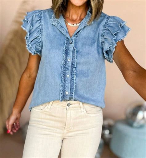 Denim Ruffles Sleeves Dress Code Boutique