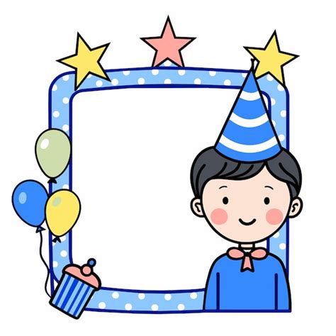 풍선 모자 케이크와 사진 프레임으로 생일 축하 스티커 아이콘 컨셉 프리미엄 벡터