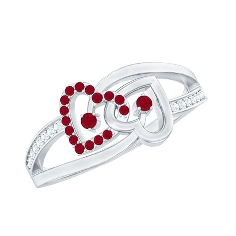 0 25 Ct Interlock Heart Ring With Ruby And Moissanite In Gold Double Heart Ring White Gold