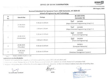 Circular 20240816115713 Batch 2023 Cse Revised Datesheet For Sessional Test I 27th August 30th