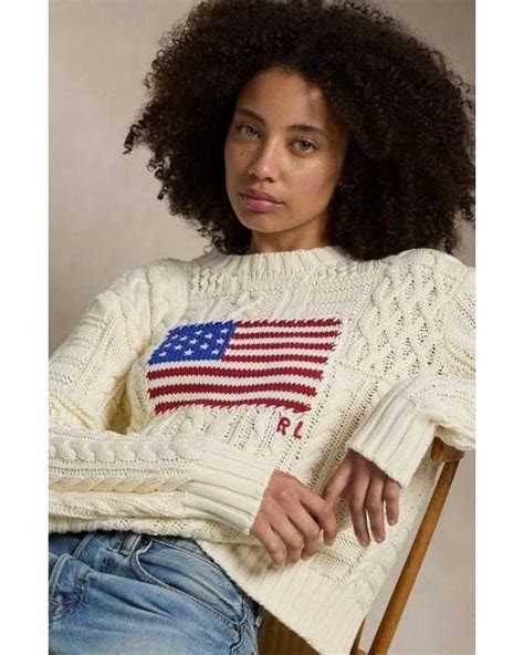 Polo Ralph Lauren Aran Stitch American Flag Cotton Crewneck Sweater In