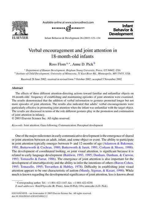 Pdf Verbal Encouragement And Joint Attention In 18 Month Old Infants