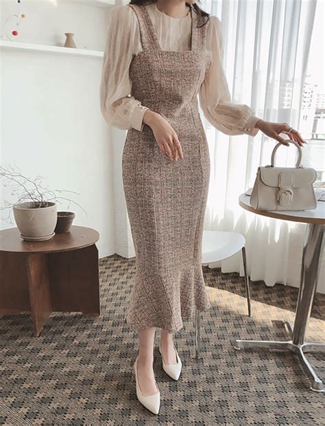 당일배송💕가을세일4천장돌파🔥 소프트 트위드 뷔스티에 원피스 멜빵 스판 스퀘어넥 하객룩 머메이드 롱원피스 데이트룩 격식룩 가을원피스 신상원피스 나시원피스 트위드원피스 연말룩