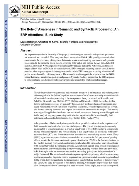 The Role Of Awareness In Semantic And Syntactic Processing Pdf