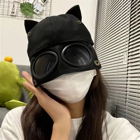 여성 에비에이터 모자 선글라스 유니섹스 워셔블 클리어 뷰 안경 고양이 귀 장식 접이식 챙 코스프레 태양 모자 Aliexpress