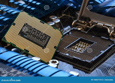 Detail Of CPU Chip Over A Modern Computer Motherboard Electronic Small Component Details Stock