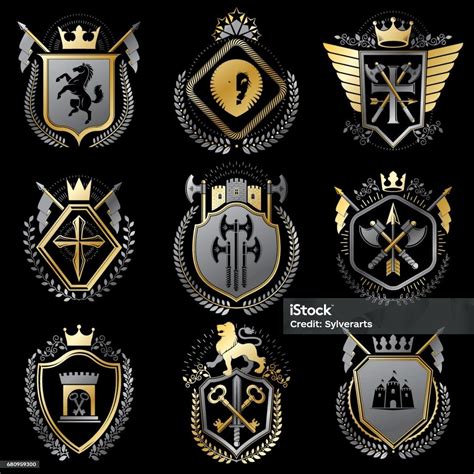 벡터 빈티지 문장 학 팔의 외 투 상 스타일에 설계 되었습니다 중세 타워 병기 로얄 크라운 별 및 다른 그래픽 요소 컬렉션을