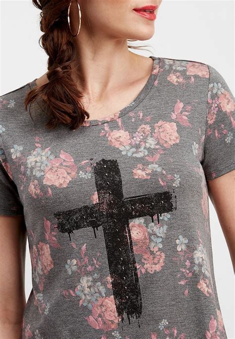 Floral Cross Graphic Tee Trendy Sweaters Trendy Tops Tops