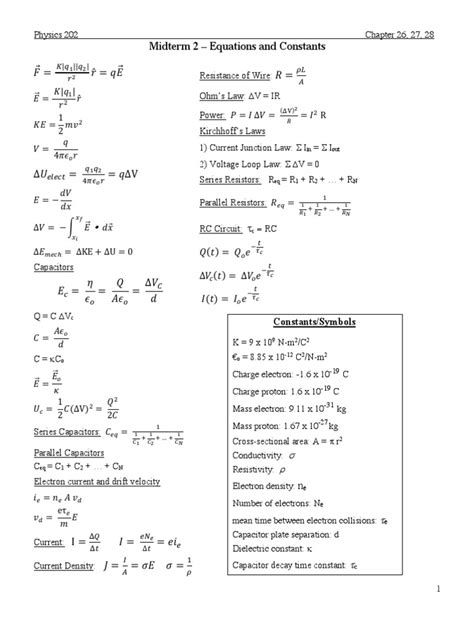 Phys 202 Midterm 2 Equations Pdf Applied And Interdisciplinary