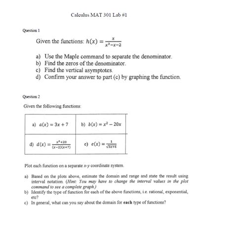 solved calculus mat 301 lab 1 question 1 given the