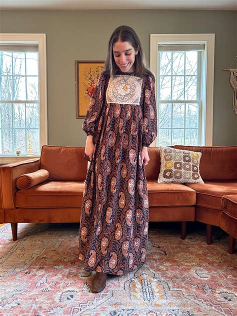 Vintage 1970s Young Edwardian Navy Cameo Maxi Dress Size Xs Or Small
