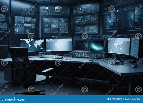 Modern Control Room Multiple Personal Computer Monitors Showing Coding Language Program With
