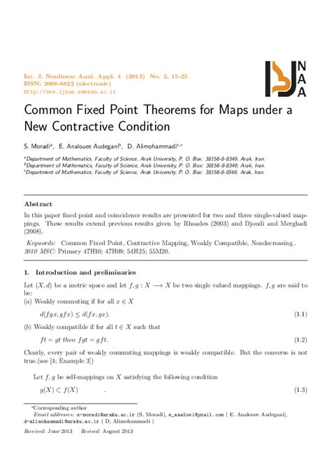 Pdf Common Fixed Point Theorems For Maps Under A New Contractive Condition
