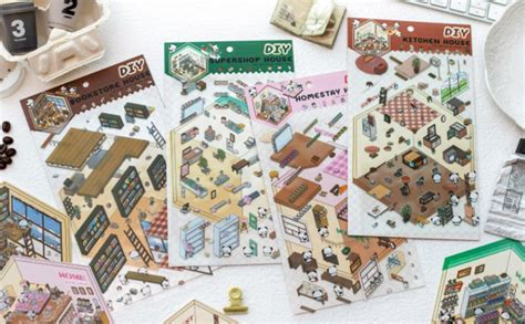 4 sets diy 3d house and miniature scene stickers funny cute