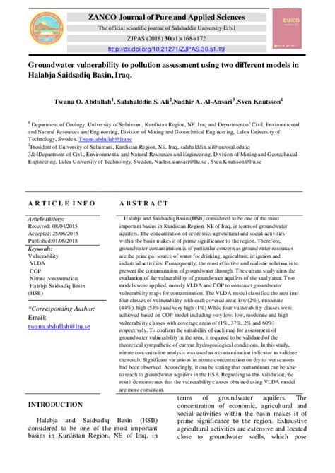 Pdf Groundwater Vulnerability To Pollution Assessment Using Two Different Models In Halabja