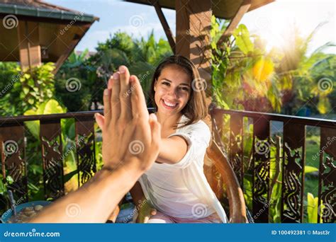 Pov Woman Giving High Five To Man Cheerful Girl In Morning Hand Gesture While Sitting At Table