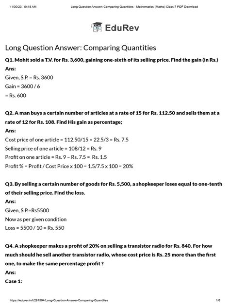 Long Question Answer Comparing Quantities Mathematics Maths Class