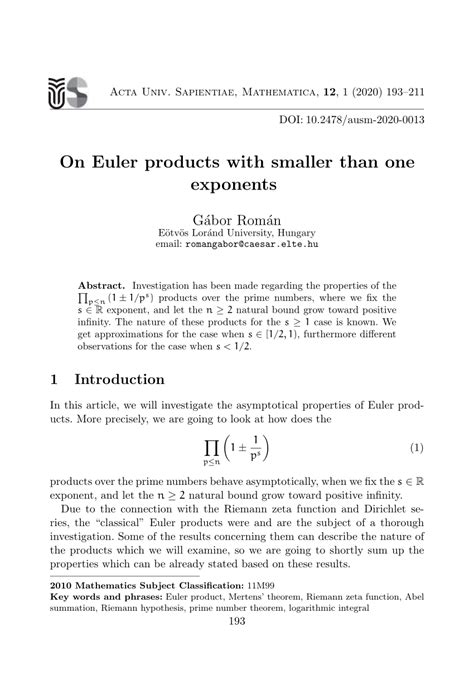 Pdf On Euler Products With Smaller Than One Exponents