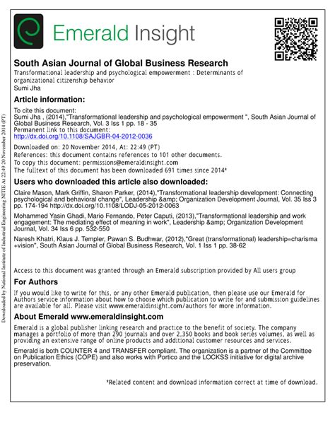 Pdf Transformational Leadership And Psychological Empowerment Determinants Of Organizational