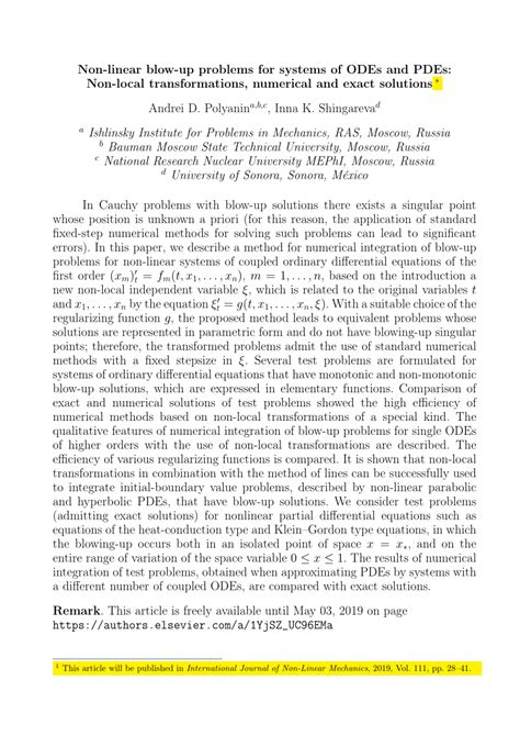 pdf non linear blow up problems for systems of odes and pdes non