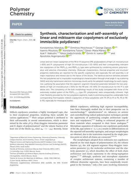 Pdf Synthesis Characterization And Self Assembly Of Linear And Miktoarm Star Copolymers Of