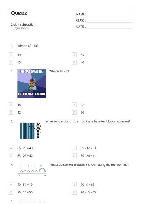 50 multi digit subtraction worksheets for 1st grade on quizizz free