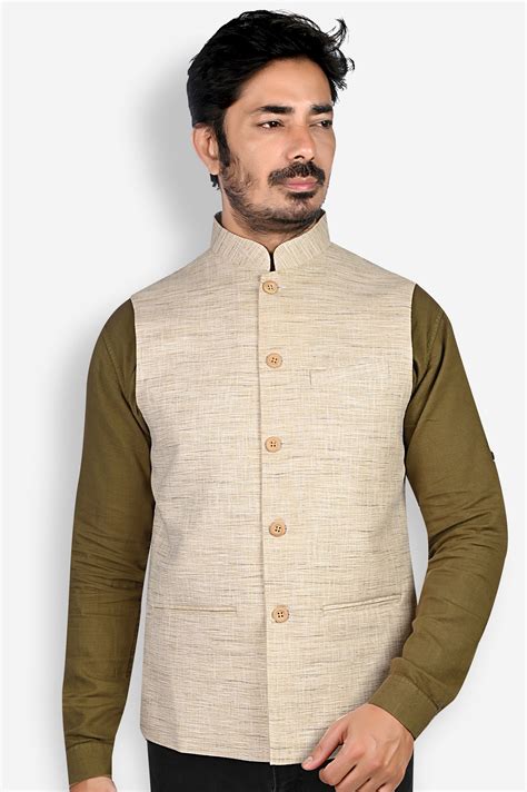Classic Khadi Cotton Rich Nehru Jacket Beige Slim Fit Classic Beige