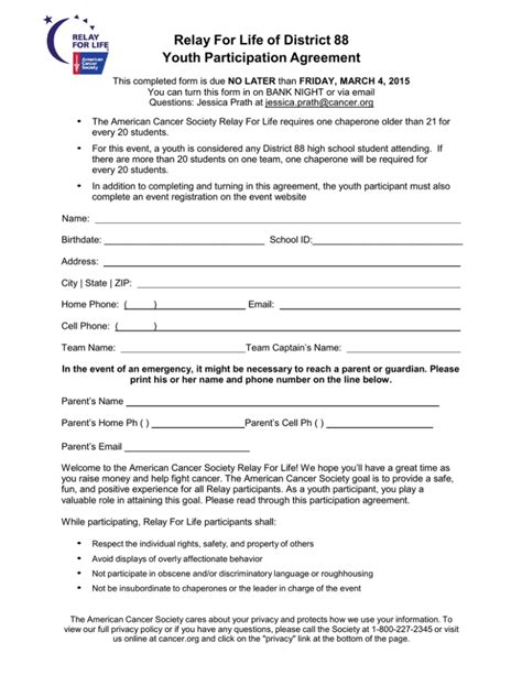 Relay For Life Youth Participation Agreement