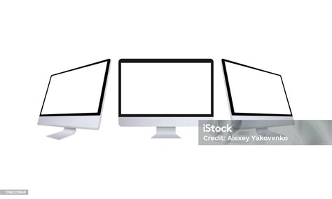전면 및 측면 보기에서 사실적인 컴퓨터 모니터 흰색 화면금속 데스크탑 모형 실버 색상의 컴퓨터 템플릿 데스크톱 Pc의 다른 보기 벡터 Eps 10 0명에 대한 스톡 벡터