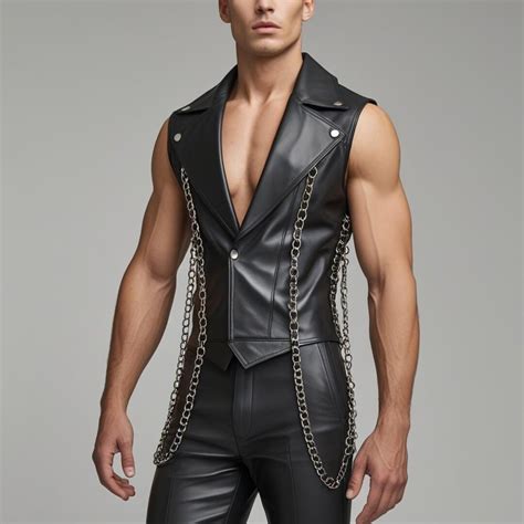 Mens Black Leather Biker Vest Chain Detail Gothic Punk Style Etsy