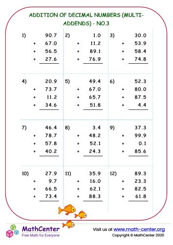 Fourth Grade Worksheets Adding Decimals Math Center