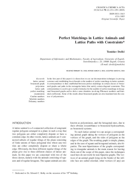 Pdf Perfect Matchings In Lattice Animals And Lattice Paths With Constraints