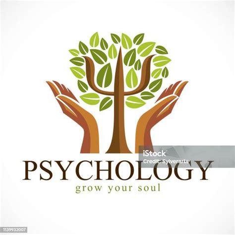 심리학 개념 벡터 아이콘 잎과 부드러운 가딩 손 정신 건강 개념 심리 분석 및 심리 치료와 녹색 나무로 그리스 Psi 기호로 만들었습니다 정신과 전문의에 대한 스톡 벡터