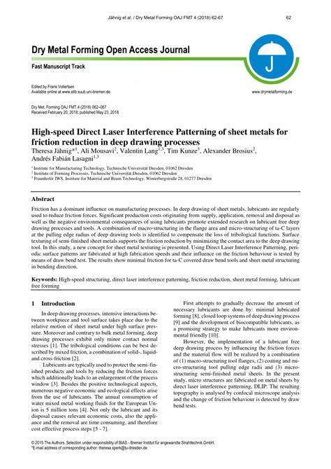 Pdf High Speed Direct Laser Interference Patterning Of Sheet Metals