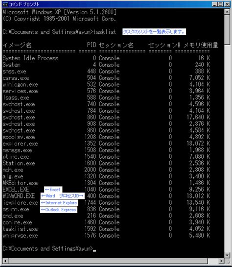 コマンドプロンプトtasklist現在実行中のタスク（プロセス）を一覧表示