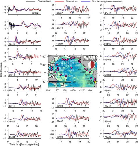 The Observed Black Lines And Simulated Red Lines Tsunami Waveforms